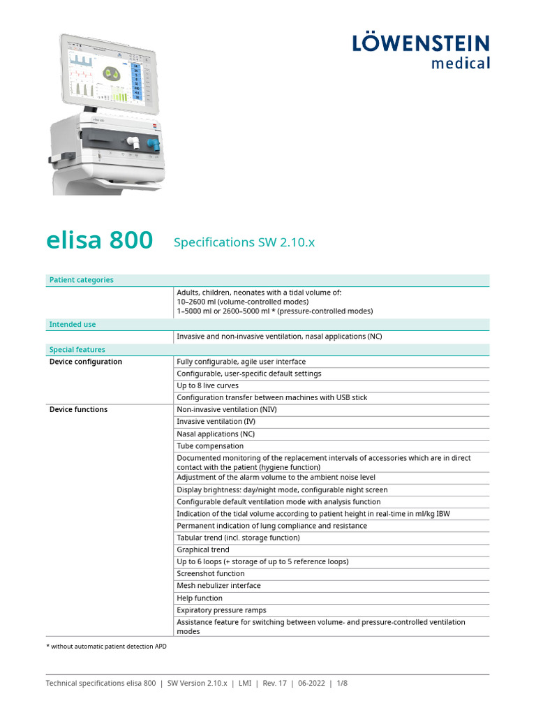 Elisa 800 Ventilator Technical Specs | PDF | Clinical Medicine ...