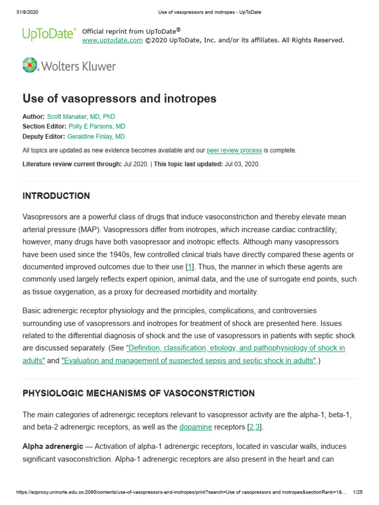 Use of Vasopressors and Inotropes - UpToDate | PDF | Sepsis | Shock ...