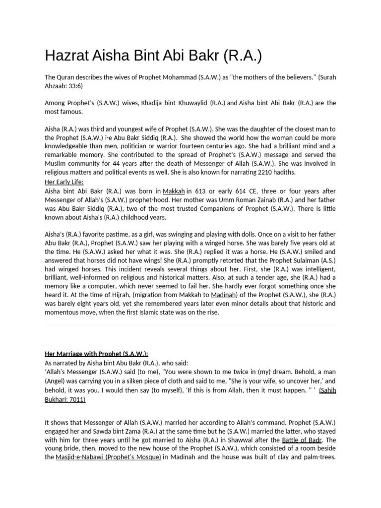 7th Hazrat Aisha Bint Abi Bakr - Extra Reading | PDF | Muhammad | Islamic Texts