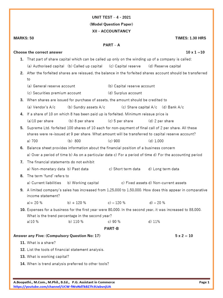12th Accountancy Unit Test 4 Question Paper English Medium PDF Download ...