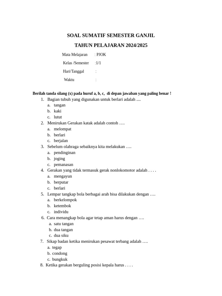 Soal Sumatif Semester Ganjil Pjok Kelas 1 | PDF