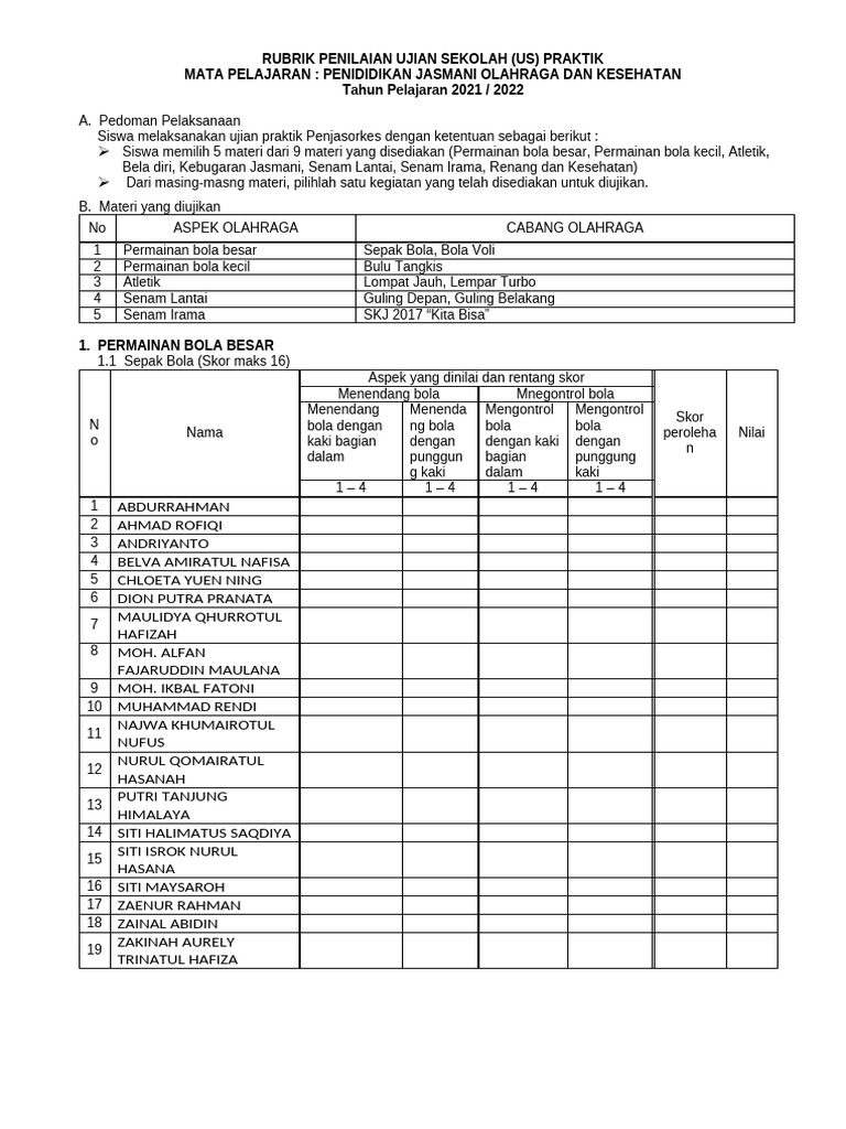 File Rubrik Penilaian Praktik Pjok | PDF