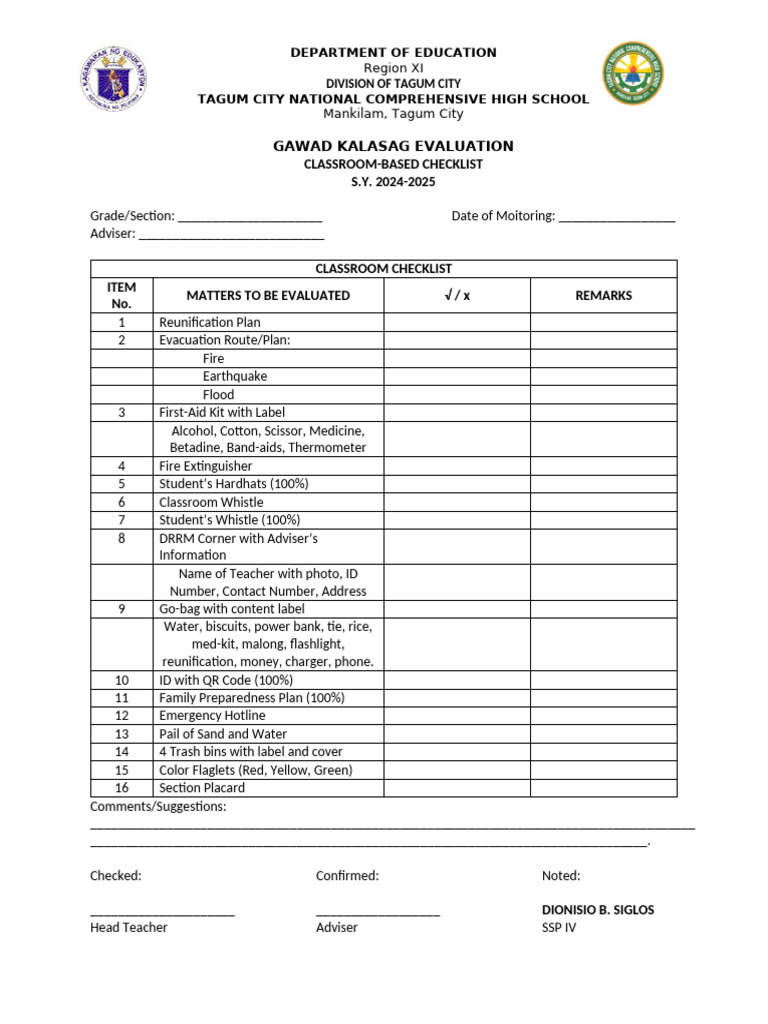 Classroom Based CHECKLIST | PDF