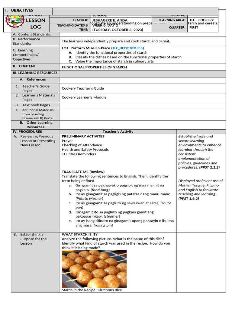WEEK 6 Day 2 Functional Properties of Starch | PDF | Learning | Teachers