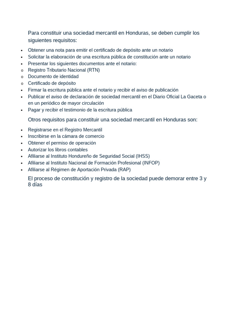 Para constituir una sociedad mercantil en Honduras | PDF
