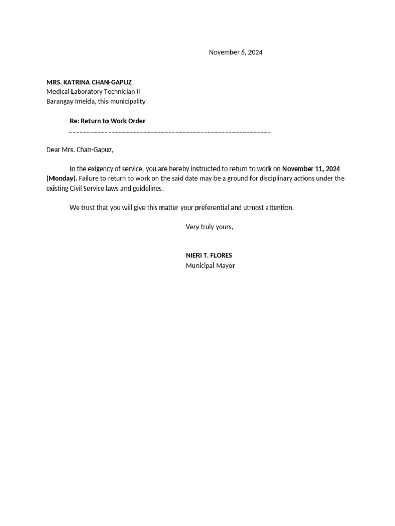 Return to Work Order | PDF