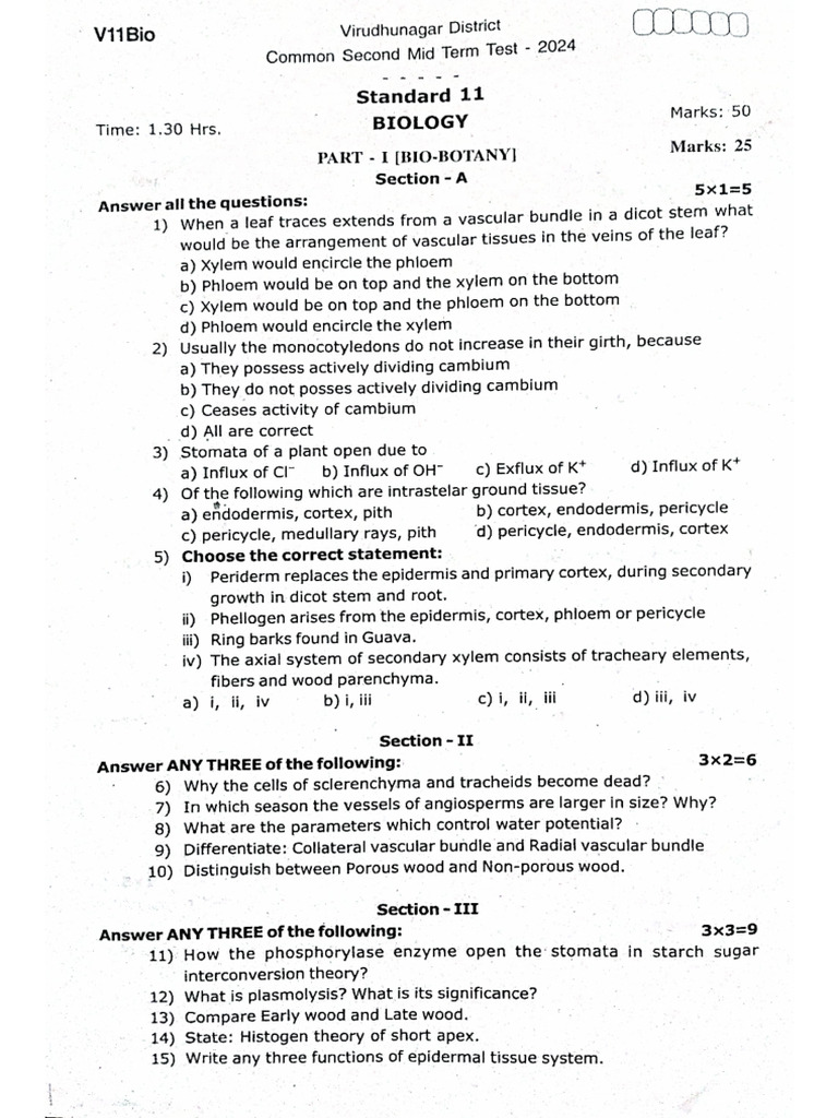11th Biology 2nd Mid Term Exam 2024 Original Question Paper Virudhunagar District English Medium ...
