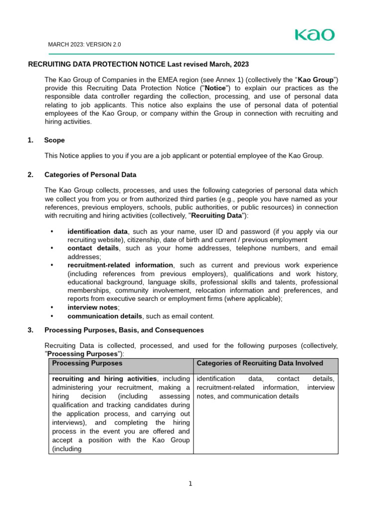 RECRUITING DATA PROTECTION NOTICE 2.0 SK - Inc Feedback | PDF ...