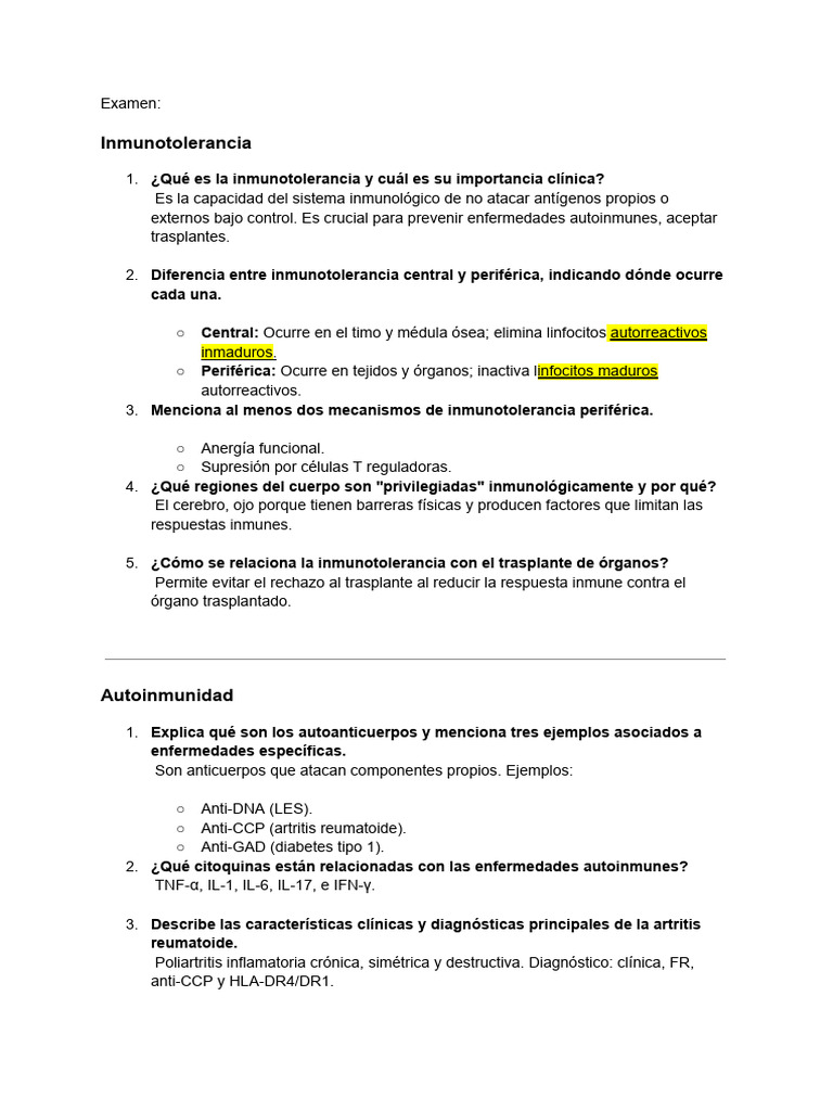 Exmen | PDF | Autoinmunidad | Sistema inmune