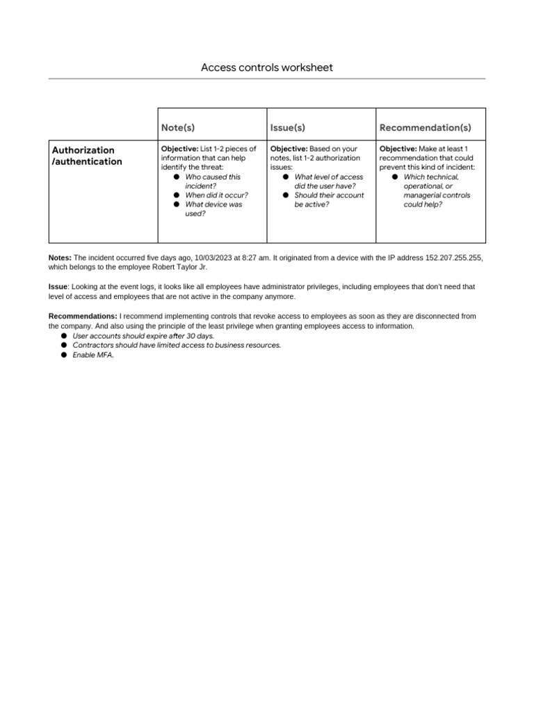 Access Control Worksheet | PDF