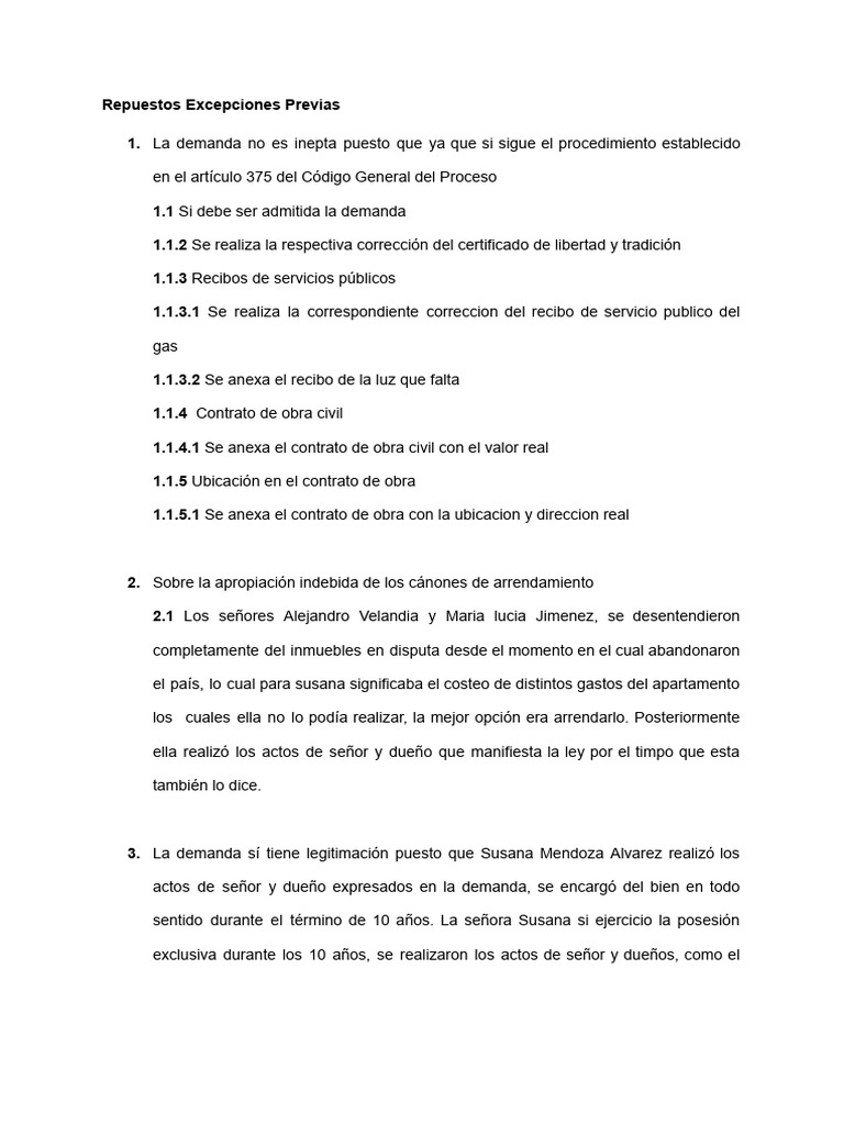 Respuestas Excepciones Previas Ejemplo | PDF