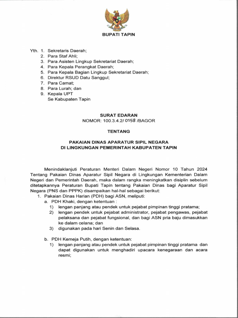 Surat Edaran Pakaian Dinas ASN Di Lingkungan Pemkab Tapin | PDF