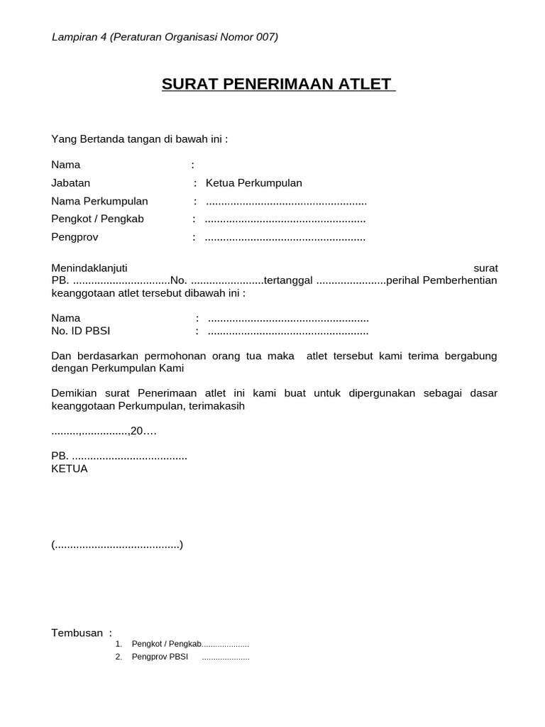 SURAT PENERIMAAN ATLET - PEMBERHENTIAN | PDF