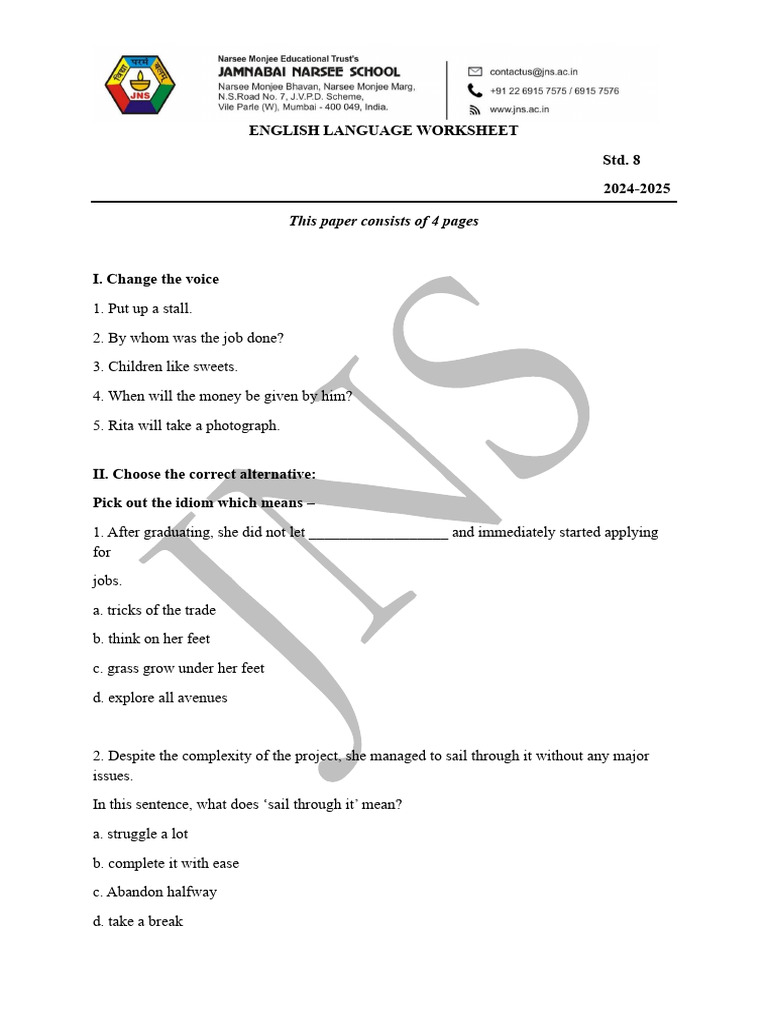 STD 8 English Lang Practice Worksheet 1 | PDF