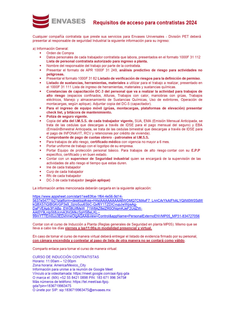 Requisitos de Acceso Contratistas 2024 | PDF