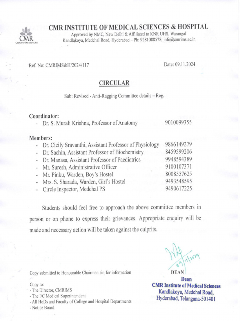 Circular 117-2024 Anti-Ragging Committee | PDF