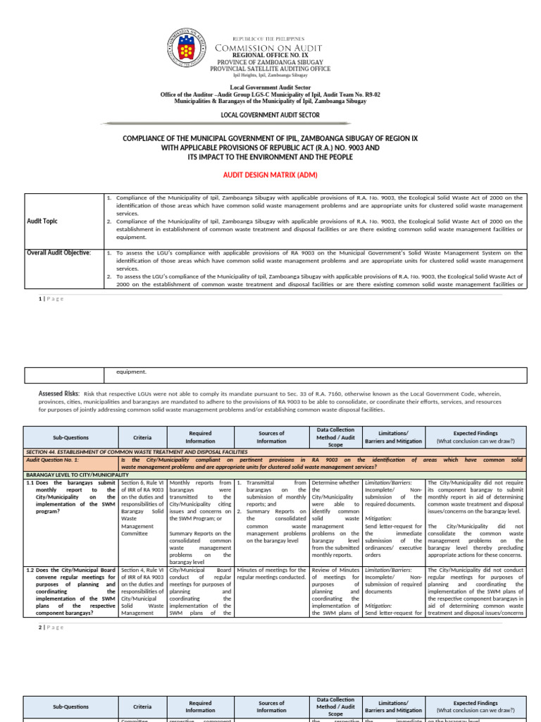 1 - Audit Design Matrix - SWM - Updated - 1 | PDF | Waste Management ...