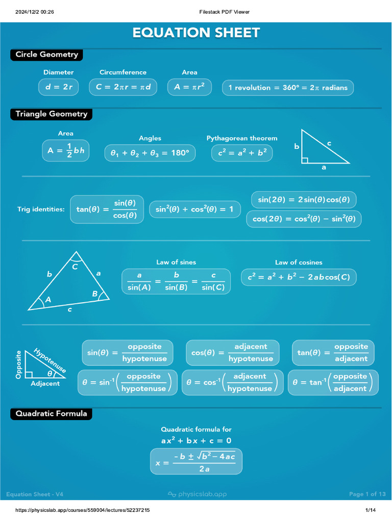 Equation Sheet & Study Guides _ Physics Lab | PDF