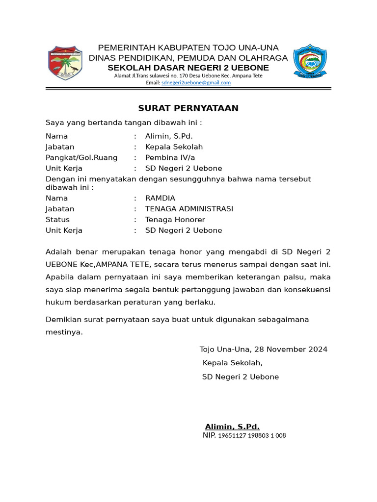 Surat Pernyataan Kepsek | PDF