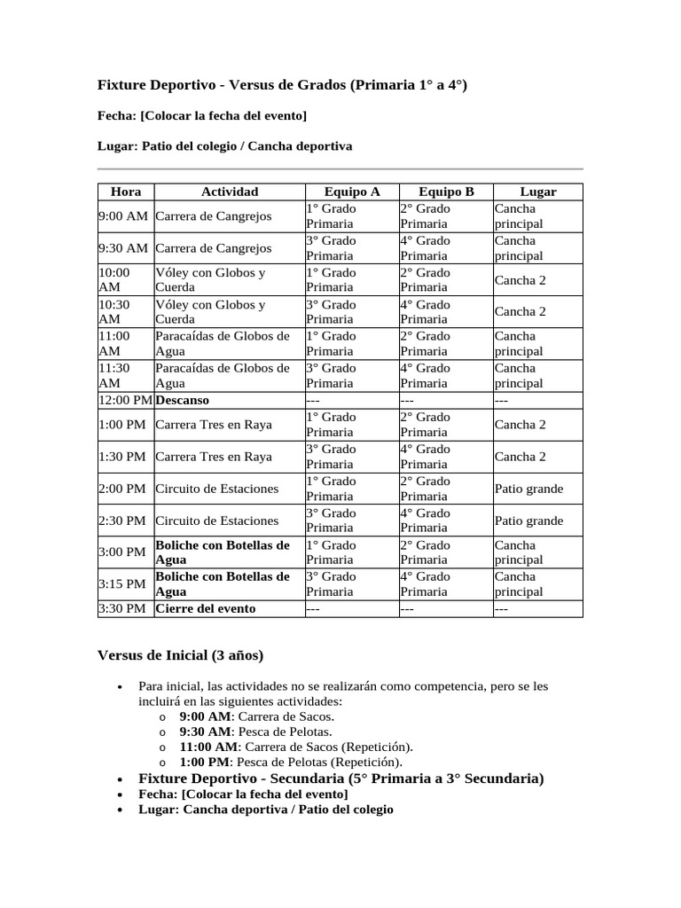Fixture Deportivo Primaria y Secundaria | PDF