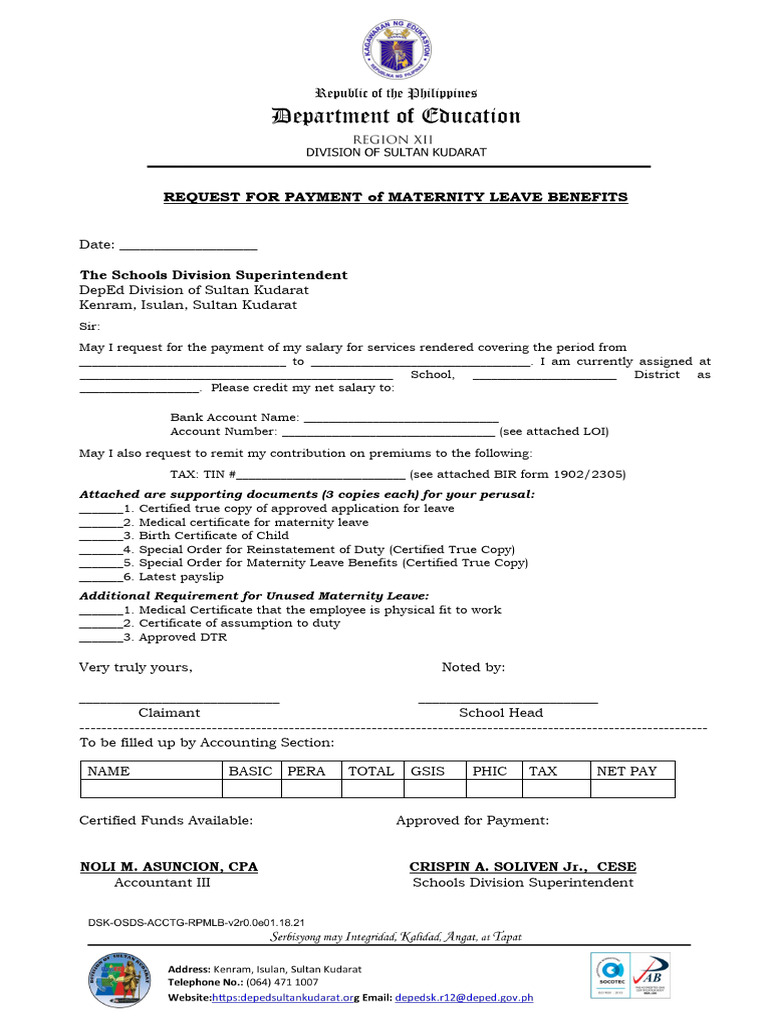 Maternity Leave Payment Request Form | PDF