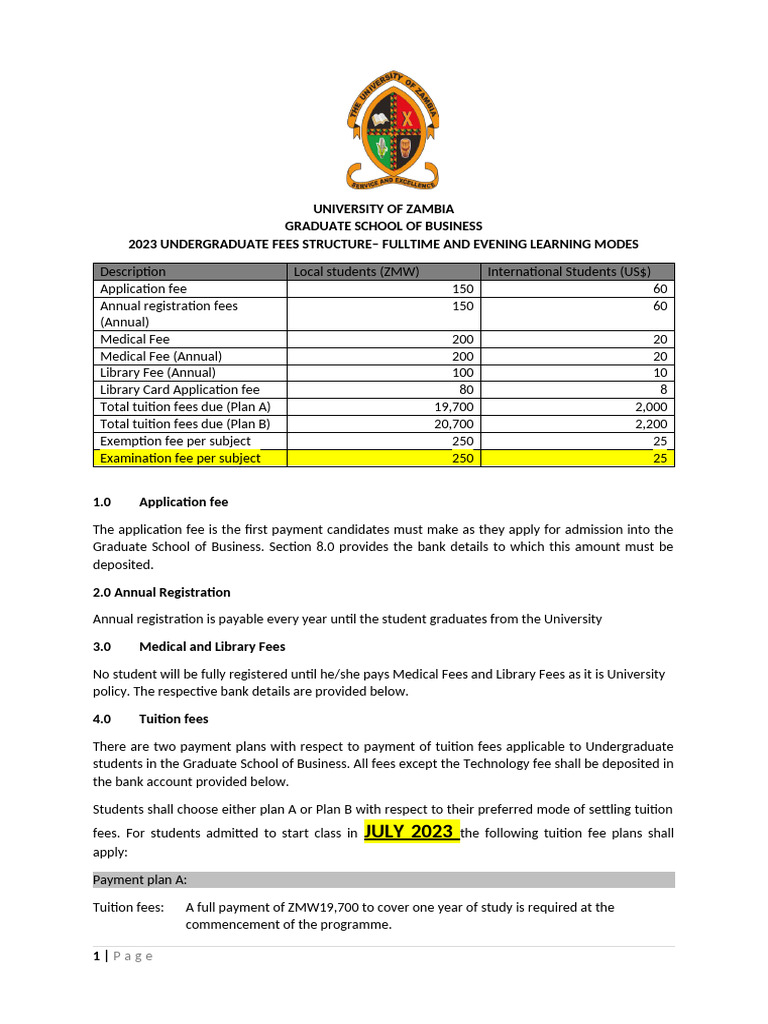 UNZA 2023 Undergraduate Fees Structure | PDF | Banks | Tuition Payments