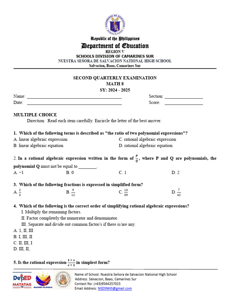 MATH 8 - QUARTER 2 EXAM | PDF | Polynomial | Rational Number MATH 8 - QUARTER 2 EXAM | PDF | Polynomial | Rational Number