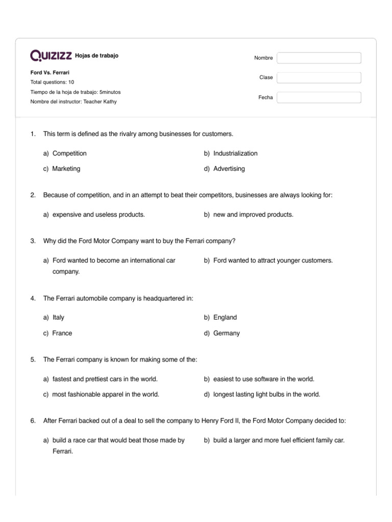 Ford vs. Ferrari Worksheet Quiz | PDF | Ford Motor Company | Ferrari
