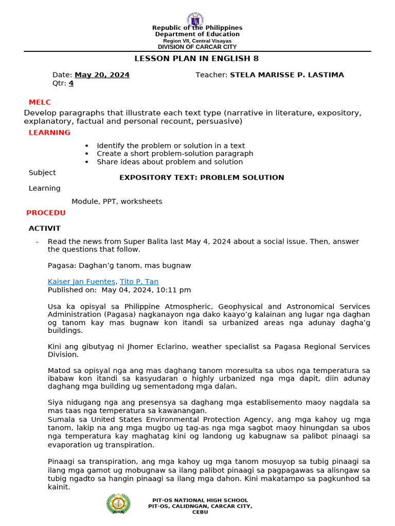 Problem-Solution Expository Text Guide | PDF | Literacy