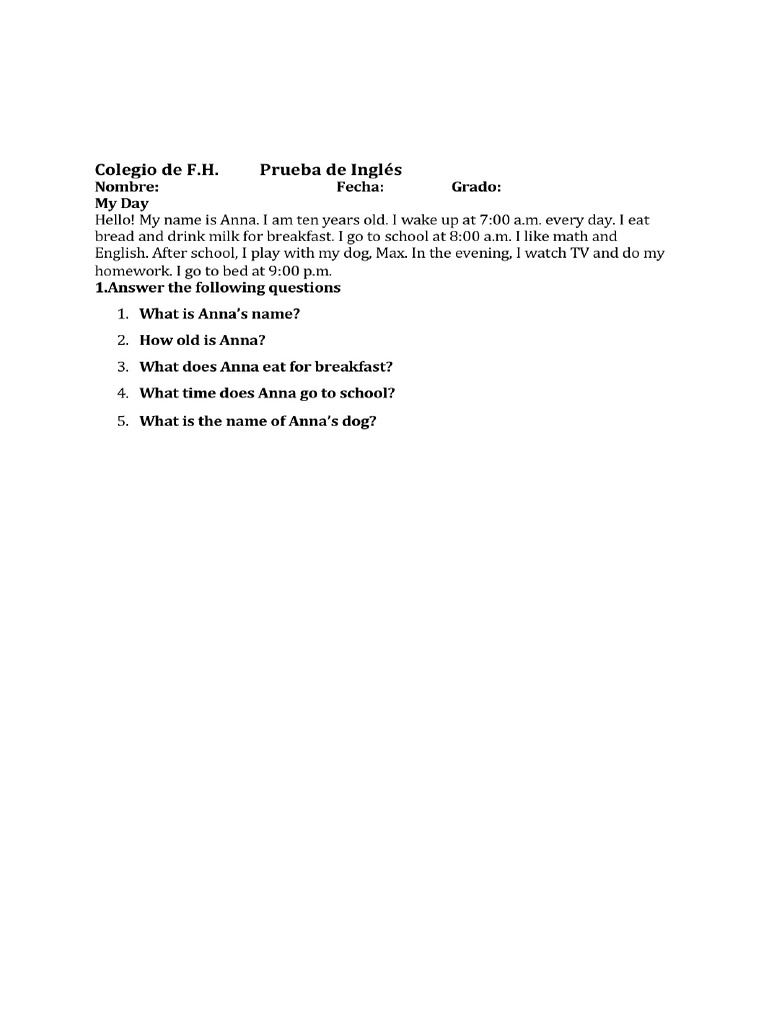 Prueba de Inglés 6to Sec | PDF