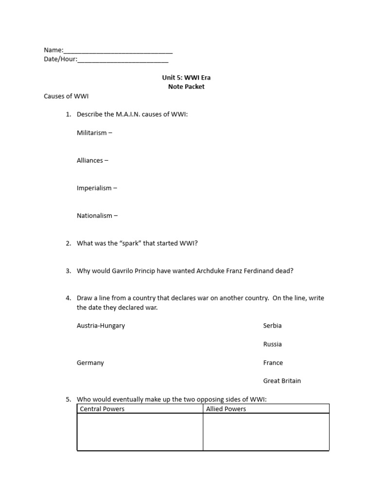 Unit 5 World War I Era Notepacket f2023 | PDF | World War I | Conflicts