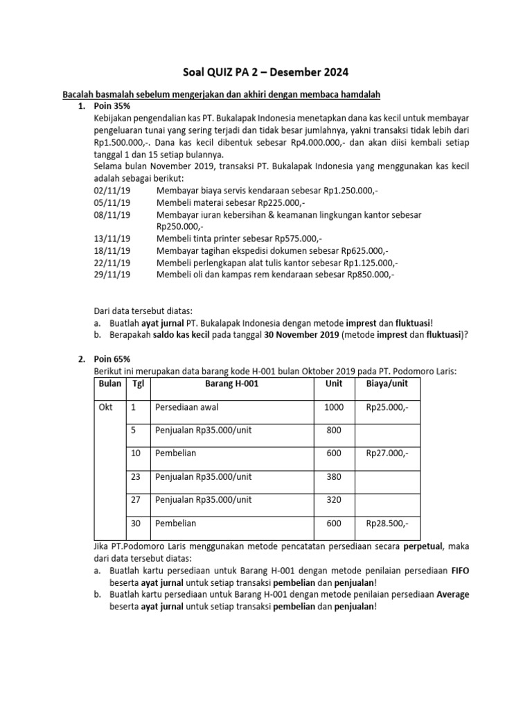 Soal QUIZ PA2 - Desember 2024 | PDF