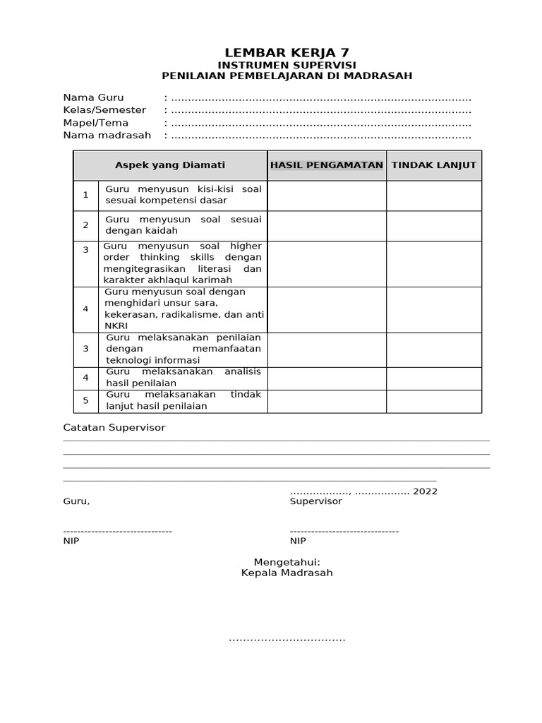 LK 7-Simulasi Supervisi Penilaian Pembelajaran | PDF