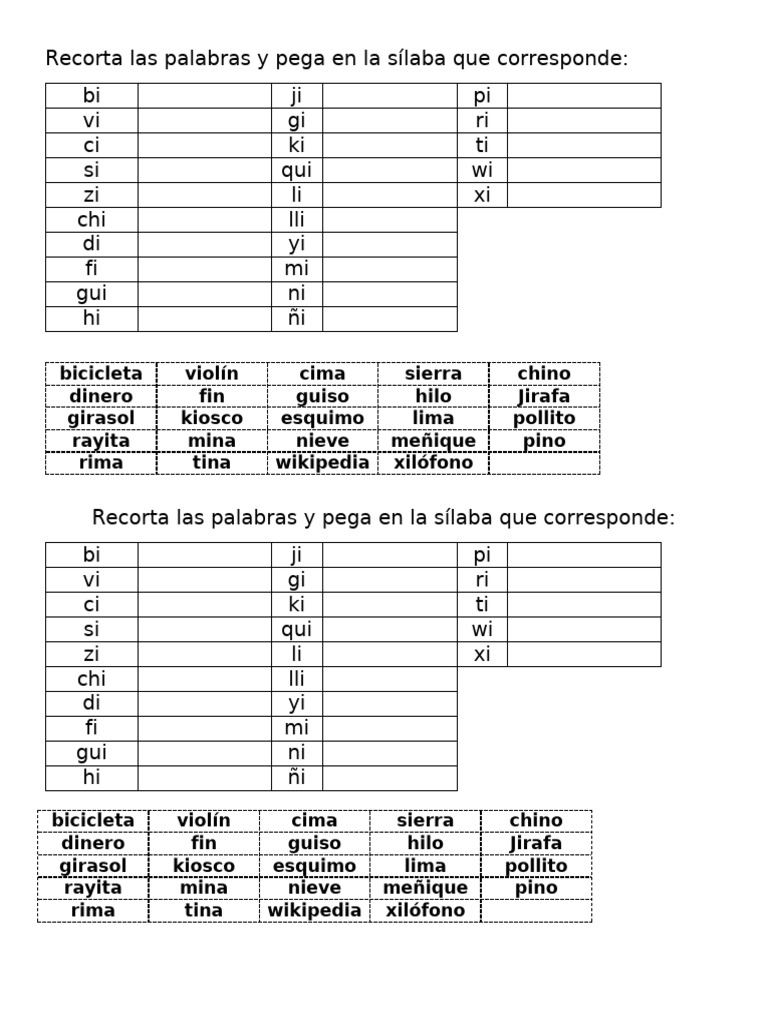Recorta Las Palabras y Pega en La Sílaba Que Corresponde | PDF