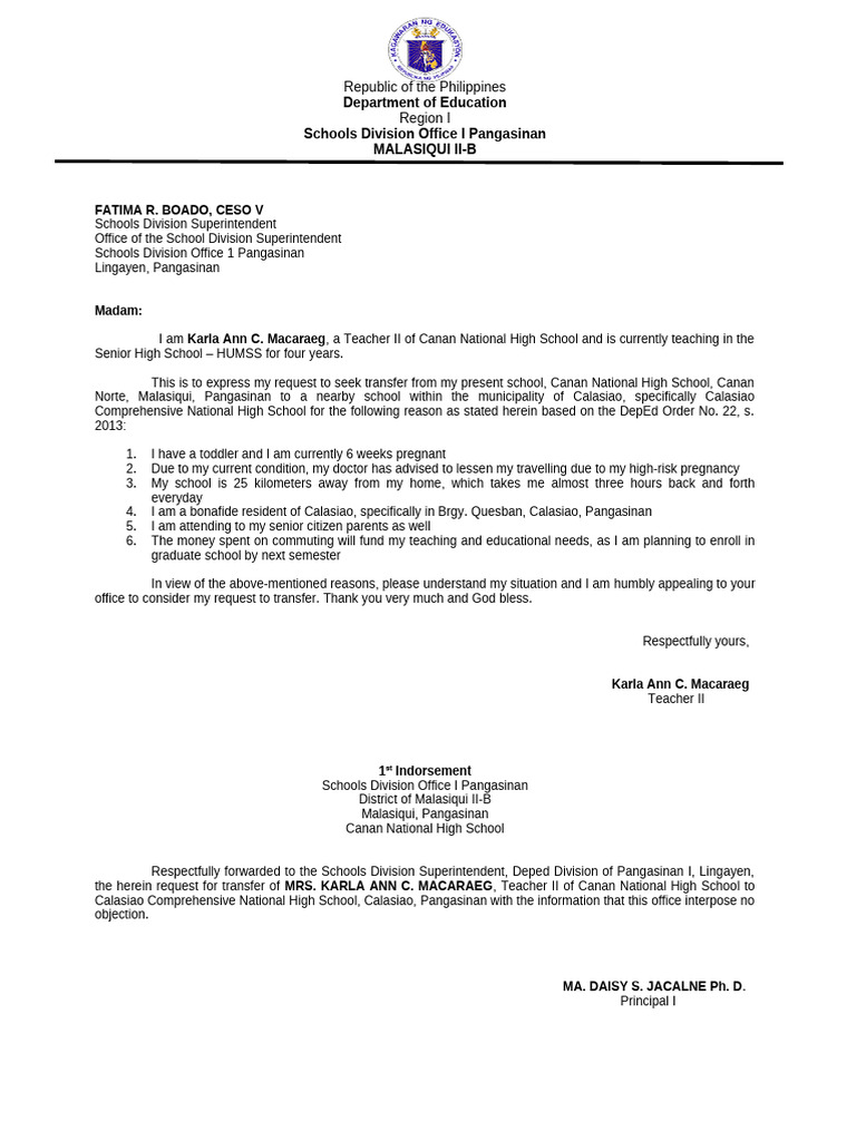 Teacher Transfer Request in Pangasinan | PDF