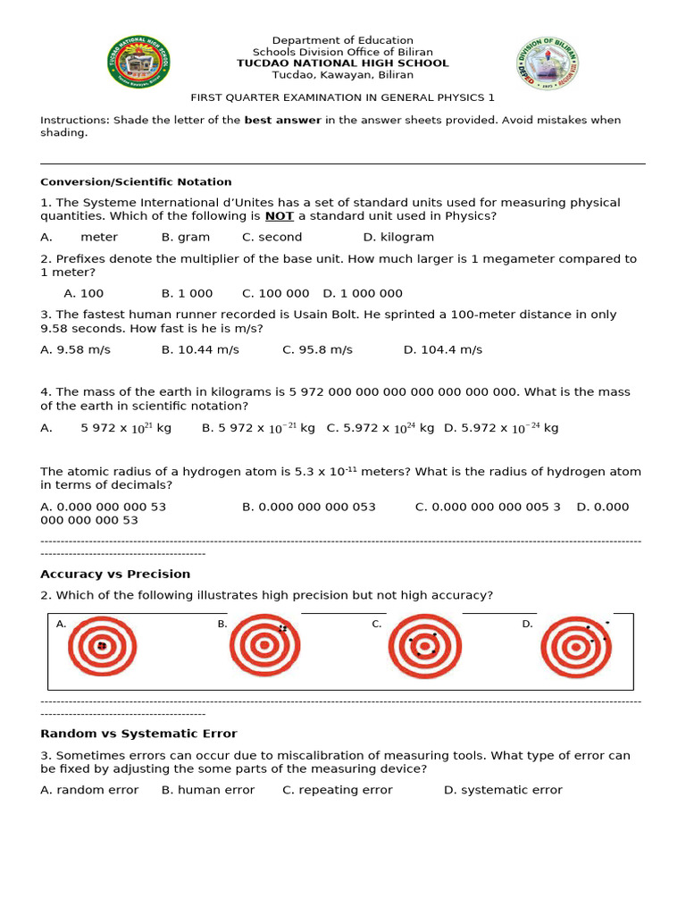 1st Grading - P. Test in General Physics I | PDF | Acceleration | Force