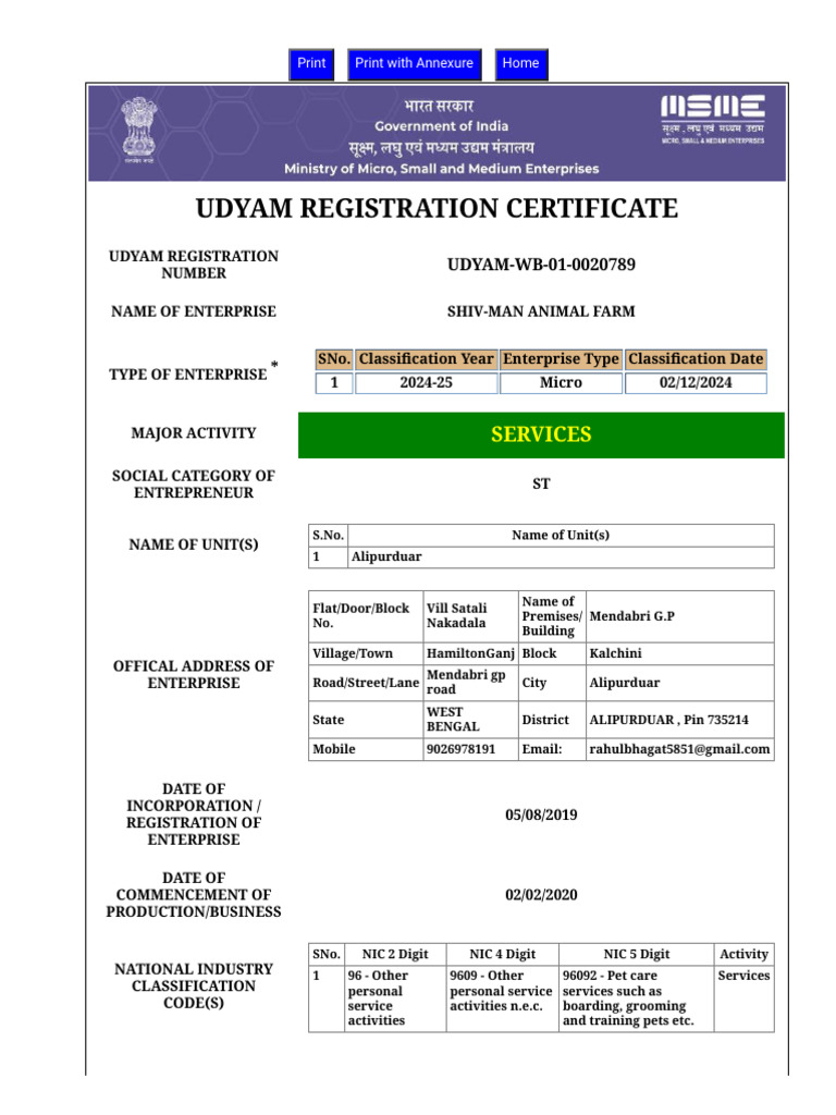 Udyam Registration Certificate for Shiv-Man Animal Farm | PDF