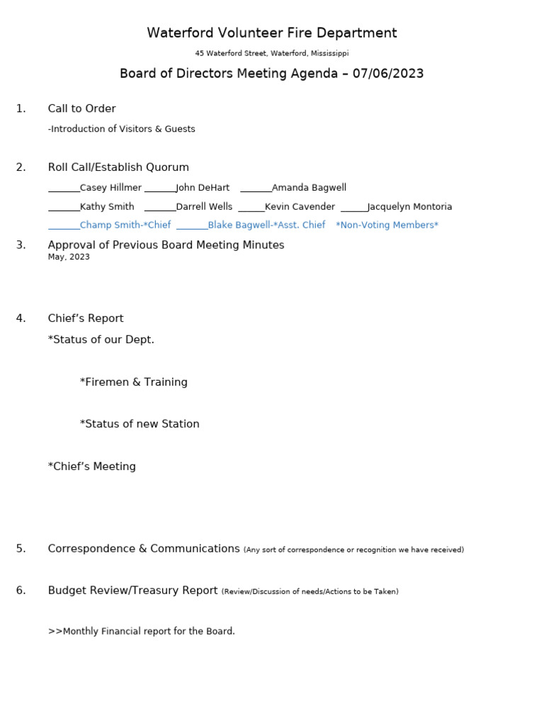 Board of Directors Meeting Agenda - 07/06/2023: Waterford Volunteer ...
