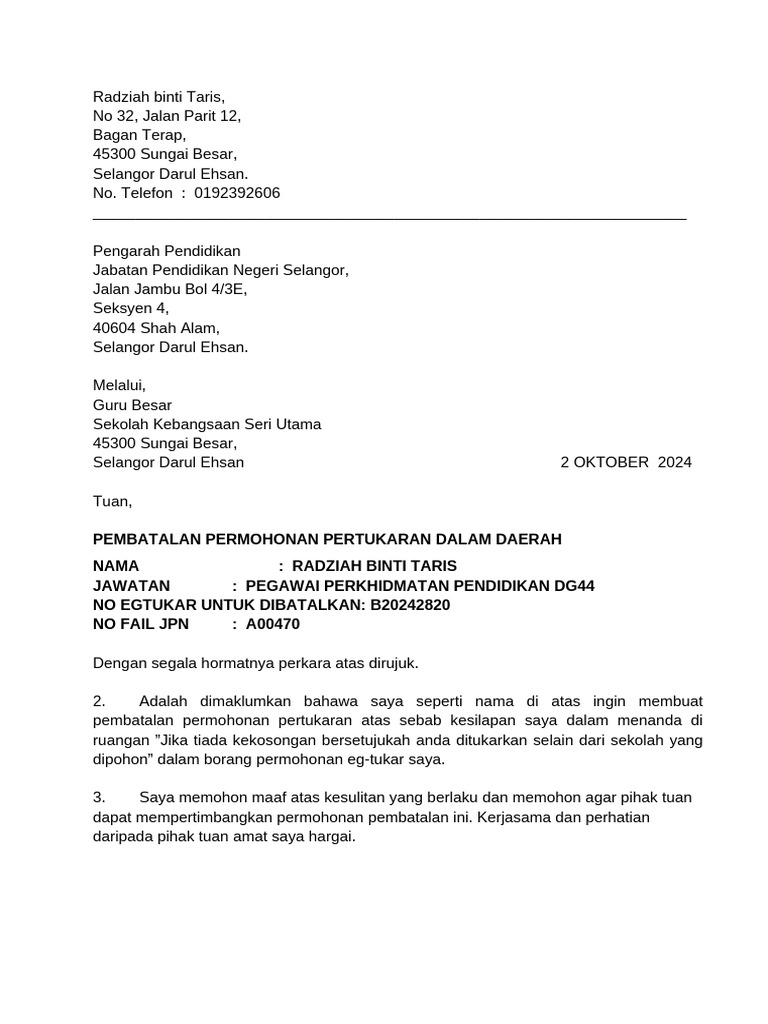 Surat Pembatalan Egtukar | PDF