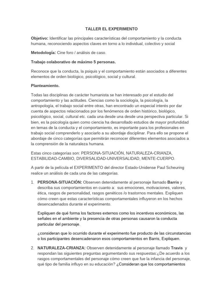 Taller El Experimento | PDF | Sicología | Comportamiento