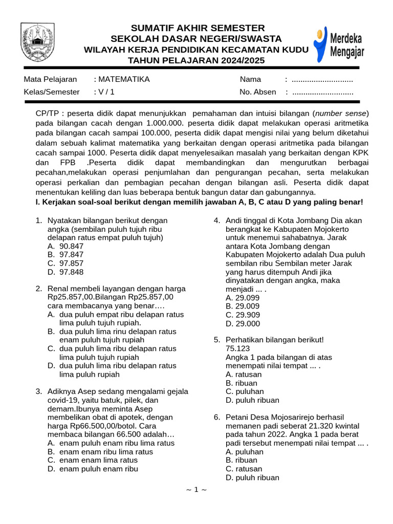 SUMATIF AKHIR SEMESTER 1 MTK 2024 | PDF