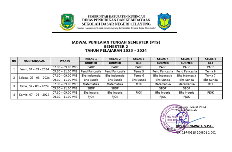 JADWAL PTS SDN CILAYUNG 2023-2024 | PDF