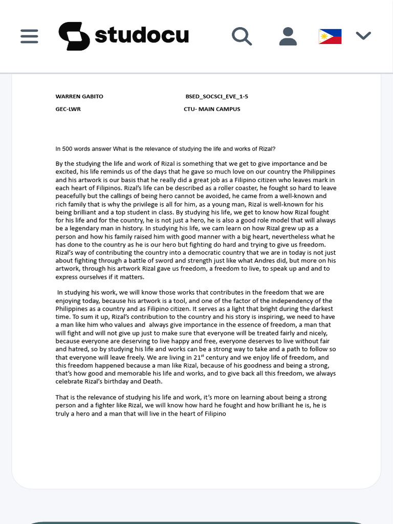 Warren Gabito 500 Words Life and Work of Rizal - Warren Gabito Bsed - Socsci - Eve - 1 - Gec-Lwr ...