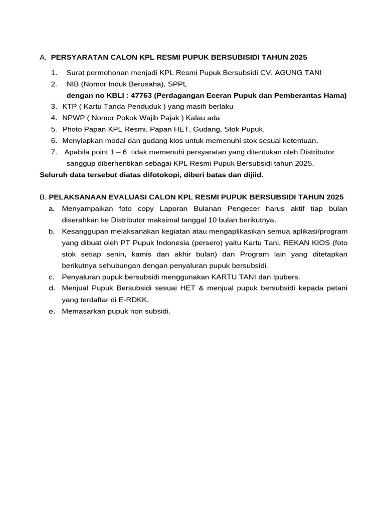 Permohonan KPL CV. Agung Tani 2025 | PDF