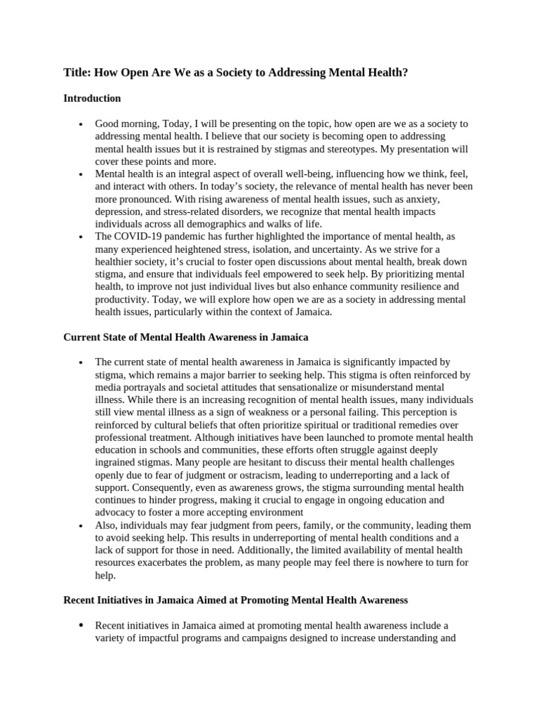 Mental Health Speech | PDF | Mental Health | Social Stigma
