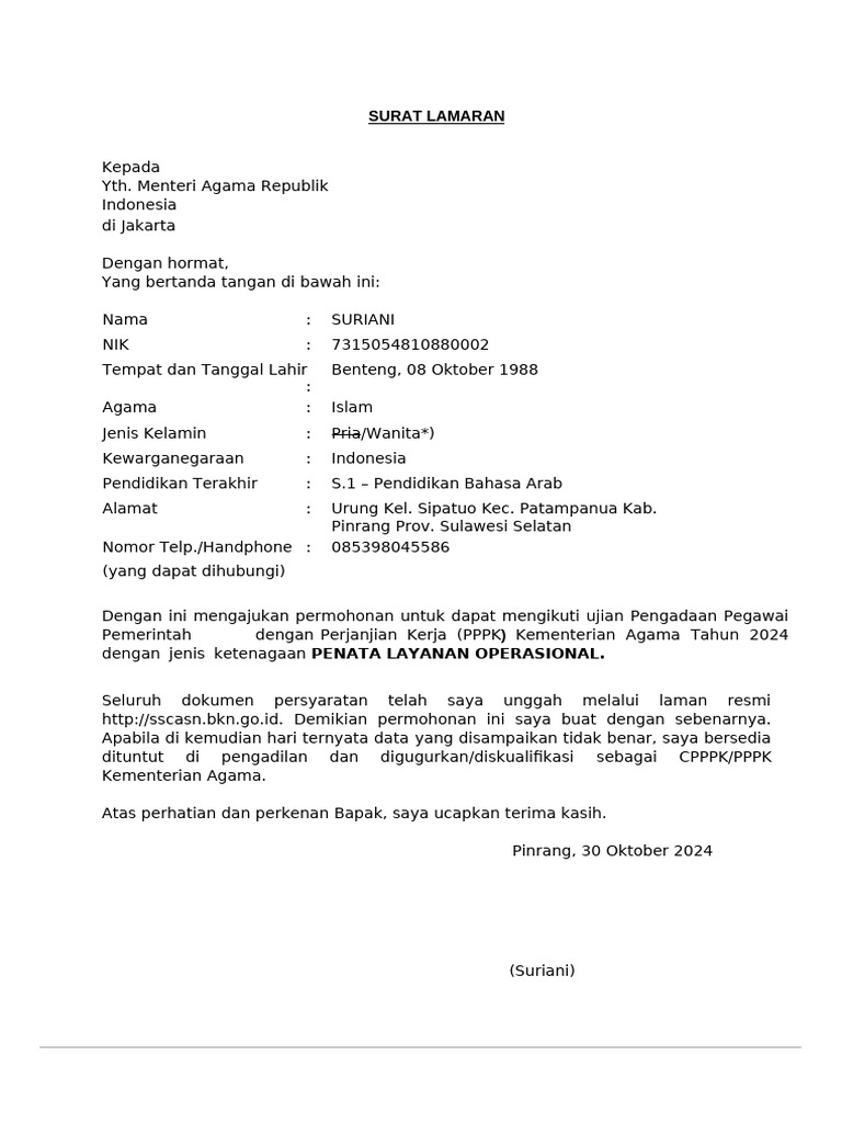 Surat Lamaran PPPK Kementerian Agama 2024 | PDF