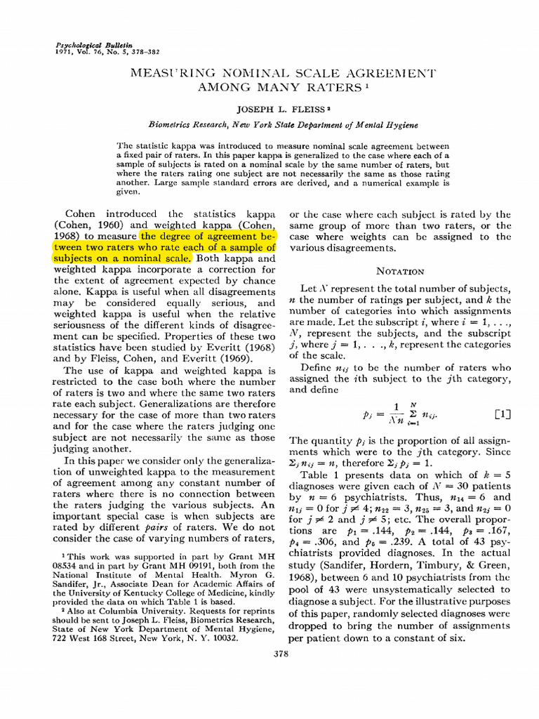 RIR002 - Measuring Nominal Scale Agreement Among Many Raters | PDF ...