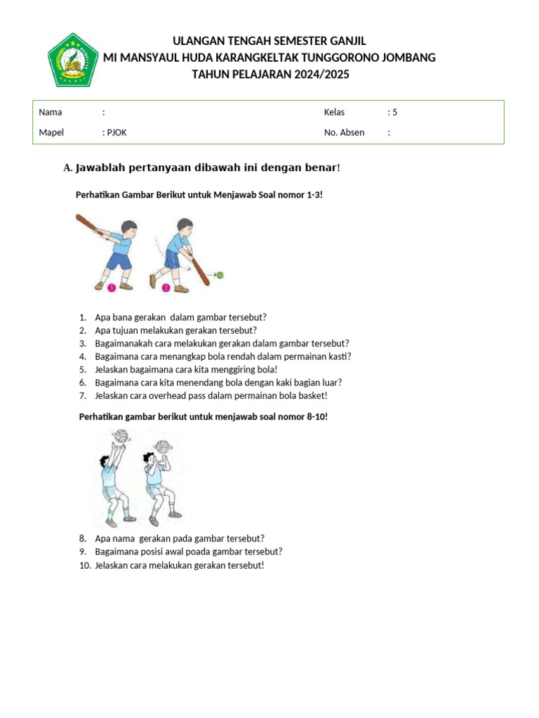 Soal Pts Sem Ganjil Pjok Kelas 5 2024 | PDF