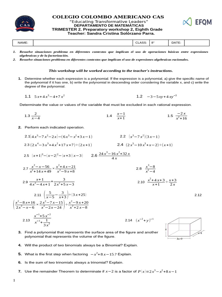 8â° Algebra - Taller Preparatorio 2 | PDF | Area | Elementary Mathematics