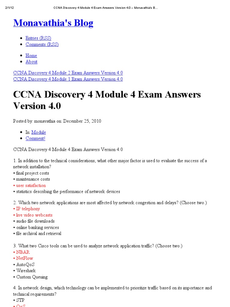 Ccna Discovery 4 Module 4 Exam Answers Version 4 Pdf Quality Of